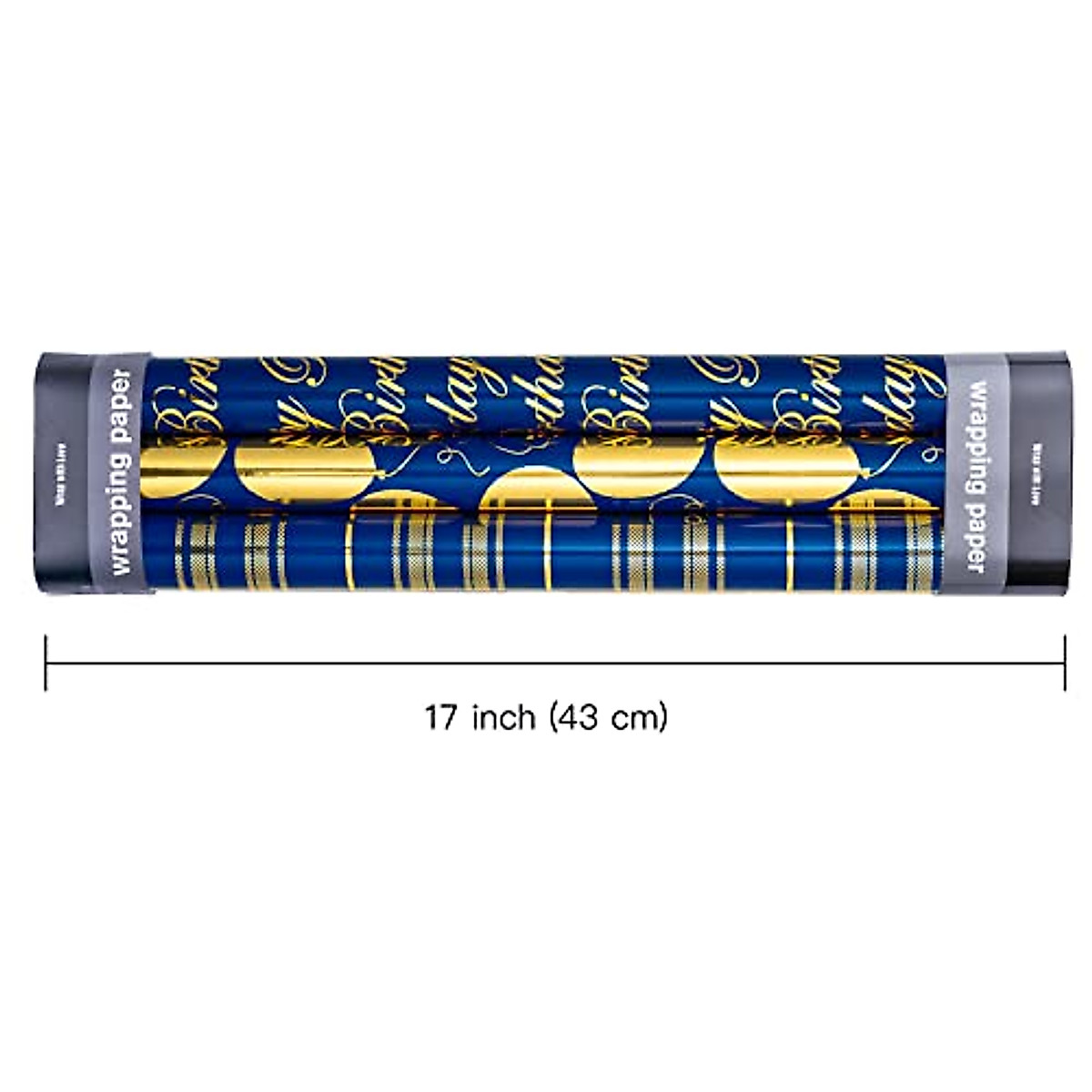 WRAPAHOLIC Birthday Wrapping Paper Roll - Mini Roll - 3 Rolls - 17 inch X 120 inch Per roll - Blue and Gold Foil Design for Party, Holiday, Baby Shower