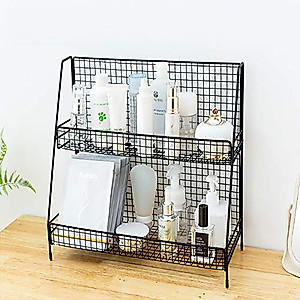Black 2 Tier Wire Basket Bathroom Organizer Shelves Cosmetic Makeup Organizer Dresser Countertop Storage Spice Rack Desktop Freestanding Jars Bottles Holder