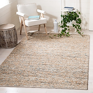 SAFAVIEH Bohemian Collection Area Rug - 6' x 9', Natural & Blue, Handmade Farmhouse Coastal Jute, Ideal for High Traffic Areas in Living Room, Bedroom (BOH901M)