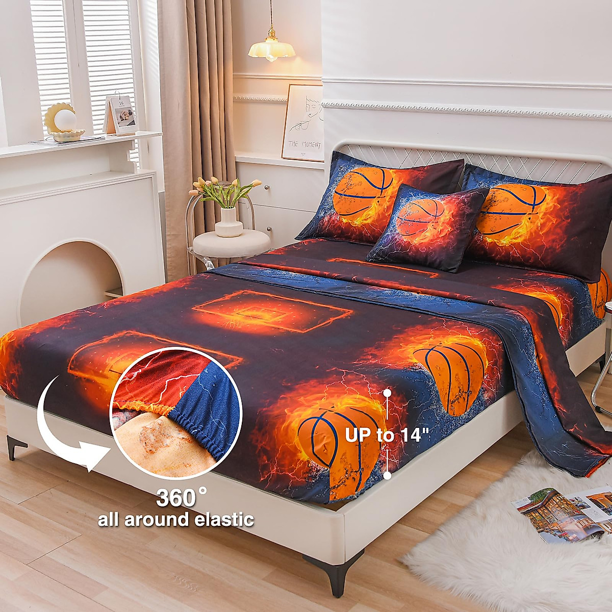 A Nice Night Basketball Print,with Fire and Ice Pattern,Comforter Quilt Set 6PCS Bedding Sets, for Boys Kids Teen (Basketball, Twin)