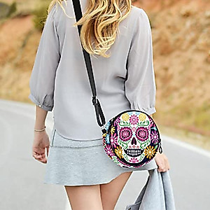 Sugar Skull Flowers Day of the Dead Crossbody Bag for Women Teen Girls Round Canvas Shoulder Bag Purse Tote Handbag Bag