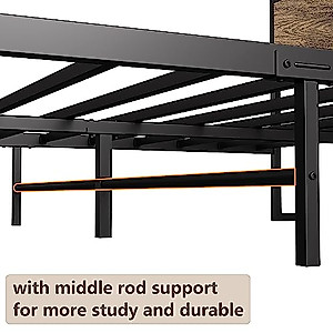 IRONCK King Size Bed Frame, Bookcase Headboard with Charging Station, Platform Storage Bed, Solid and Stable, Noise Free, No Box Spring Needed, Rustic Maple