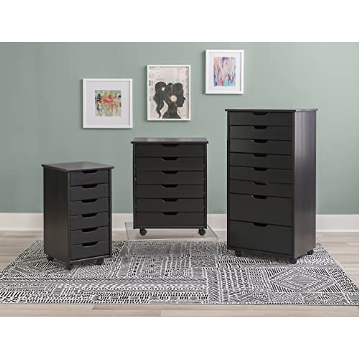 Linon Rolling Storage Corinne Cart, Six Wide Drawers, Black Wide
