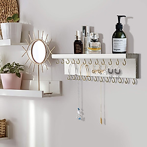 SANY DAYO HOME Jewelry Organizer with 30 Hooks and Cosmetics Shelf, 15 x 3 x 4 inches Wall Mounted Rustic Pine Wood Holder for Necklaces and Bracelets, Suitable for Kids and Adults (Retro White)