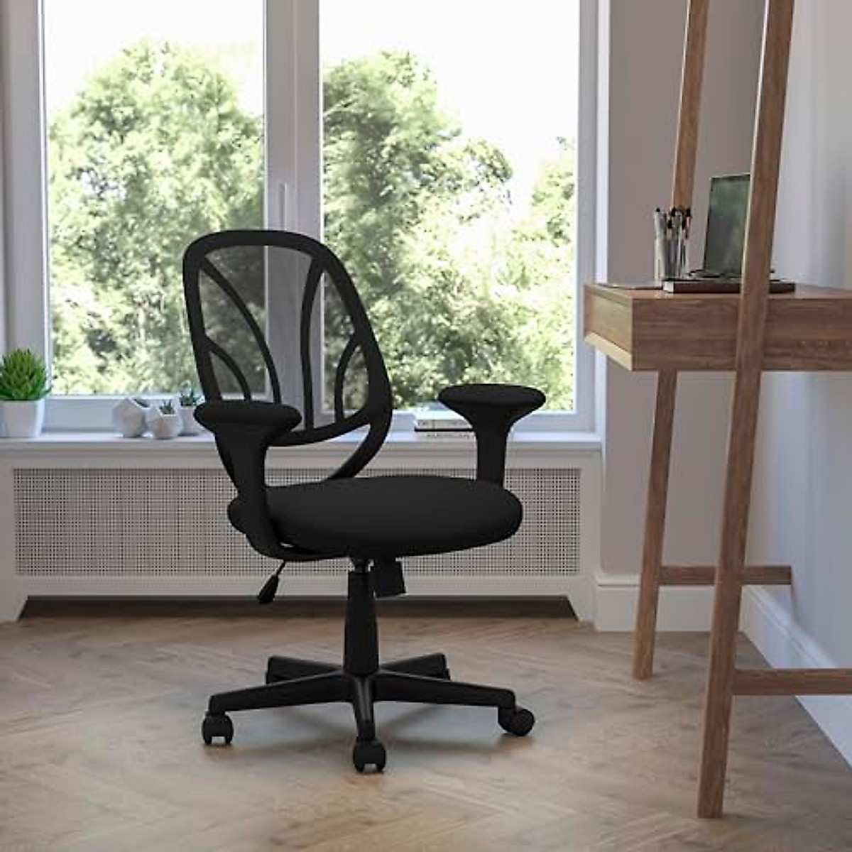 Flash Furniture Y-GO Office Chair Mid-Back Black Mesh Swivel Task Office Chair with Arms