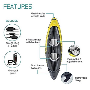 INTEX 68307EP Explorer K2 Inflatable Kayak Set: Includes Deluxe 86in Aluminum Oars and High-Output Pump – SuperStrong PVC – Adjustable Seats with Backrest – 2-Person – 400lb Weight Capacity