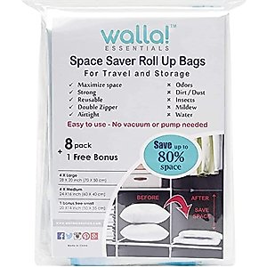 Walla Essentials 9 Space Saver Bags for Travel and Storage for Clothes – Easy to Use - Roll Up Compression Bags – No Vacuum or Pump Needed - Reusable - Plastic Packing Sacks