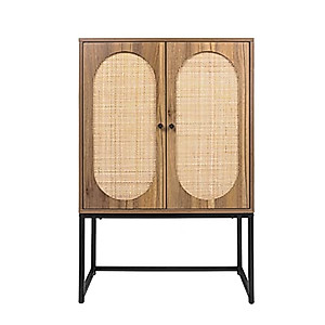 ZeHuoGe Natural Rattan Sideboard Buffet Storage Accent Cabinet with 2 Magnetic Door, Sideboard Buffet Cupboard Accent Cabinet, Built-in Adjustable Shelf Iron Bracket US Delivery (Walnut)