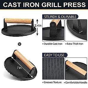 12” Melting Dome & 7” Burger Press Kit, Joyfair Basting Cover with Cast Iron Grill Press for Cheese Burger Bacon, Heavy Duty Griddle Accessories for Outdoor BBQ Flat Top Grilling, Dishwasher Safe
