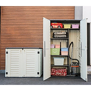 KINYING Outdoor Storage Cabinet Waterproof, Resin Vertical Outdoor Storage Shed for Patio Furniture, Garden Tools, Pool Accessories, Mower Storage (66 Cu.ft, Off White)