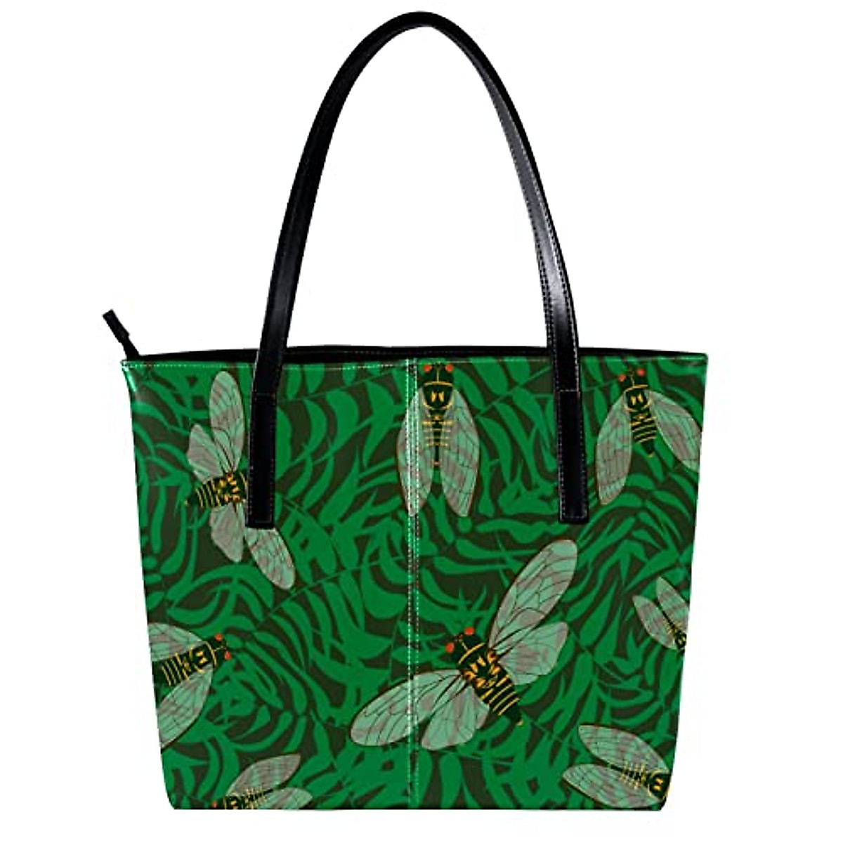 Large Leather Handbags for Women Cicada Insect with Green Forest Leaves Background Top Handle Shoulder Satchel Hobo Bag
