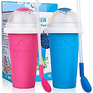 Slushie Maker Cup,FUROLD DIY Slushies Cup Frozen Magic Squeeze Cup Slush Cup Smoothies Double Layers , Homemade Slushie Machine w/ Straw and Spoon, Ice Cream Maker Cool Stuff Birthday Gifts for Kids(Blue+Pink)