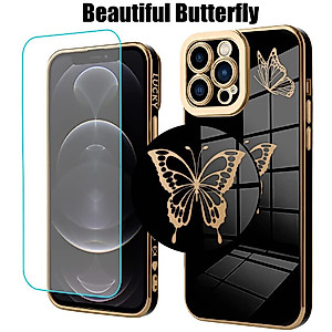 MZELQ Designed for iPhone 13 Pro Max Case Butterflies Design for Women Girl with Screen Protector,Cute Luxury Plating Bumper Case with Full Camera Lens Protection Cover 6.7 inch- Black