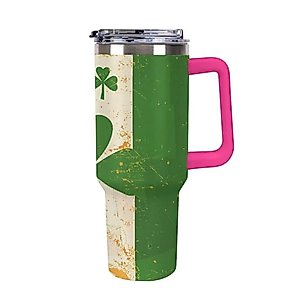Irish Flag With Shamrock Pattern 40 Oz Tumbler Insulated Stainless Steel Water Bottle Travel Mug Car Cup with Handle And Straw
