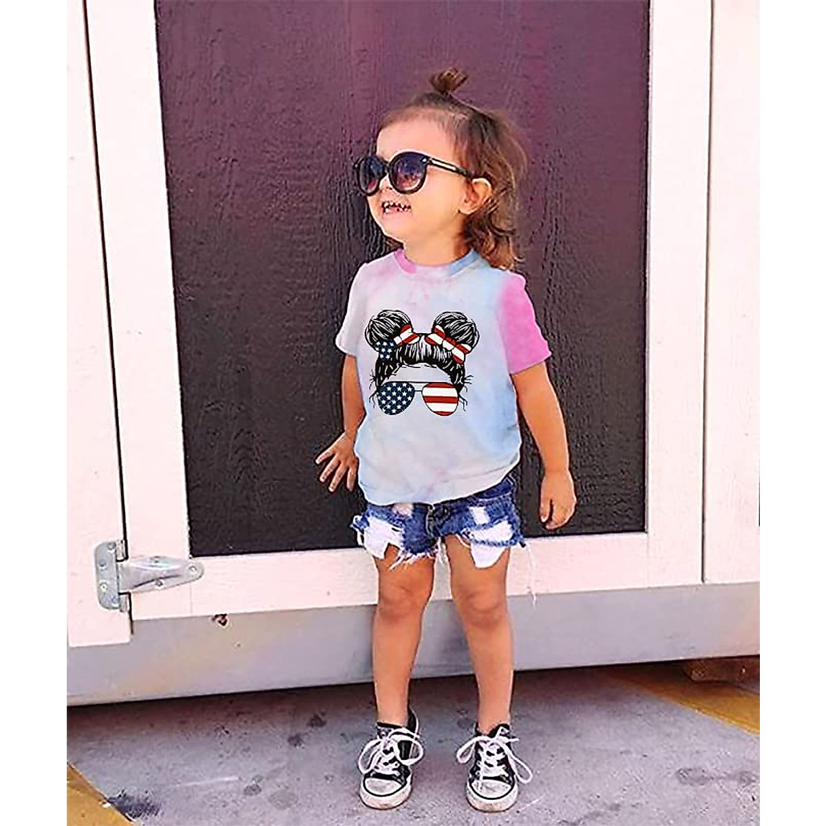 4th of July American Flag Baby Girls Shirt Messy Bun T-Shirt Patriotic Tee Tops O-Neck Short Sleeve USA Clothes