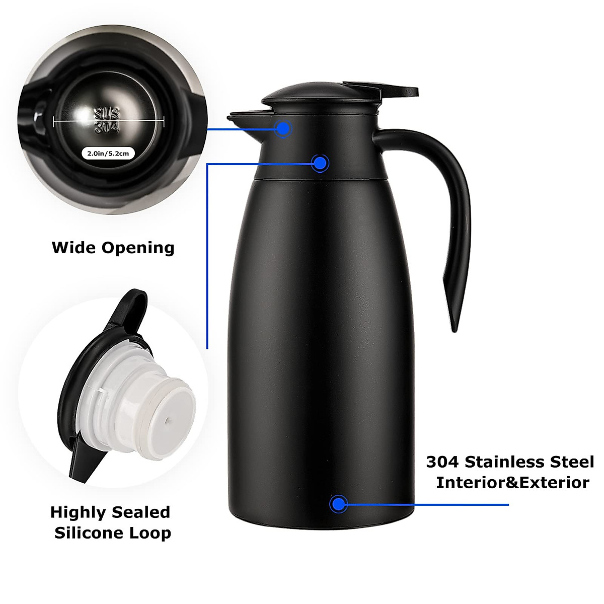 Tgvasz 68Oz Insulated Carafe for Hot Liquids/Thermal Coffee Carafe, Airpot Stainless Steel Coffee Carafes for Keeping Hot Coffee & Tea Hot -12Hours, Double Walled Vacuum Coffee Carafe (Black, 2L)