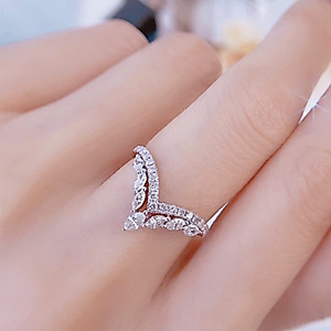 Fashion V-Shaped Crown Ring Princess Engagement Promise Ring Sparkling Wishbone Cubic Zirconia Ring in Sterling Silver Cubic Zirconia Eternity Band Wishbone CZ Stacking Engagement Ring for Women (9)