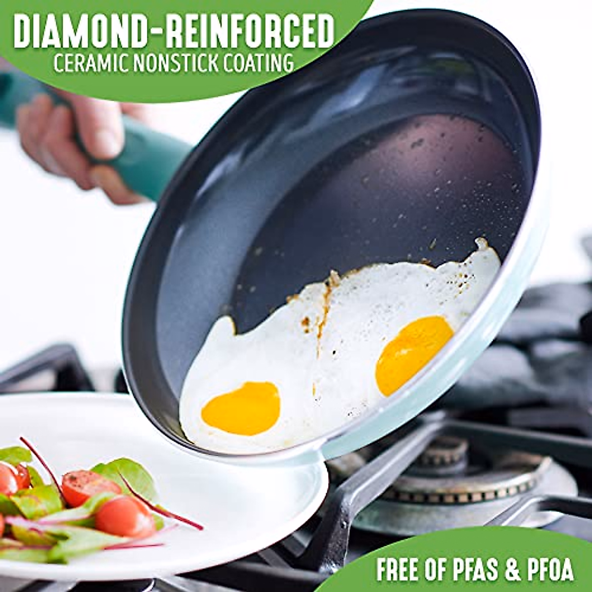 GreenLife Soft Grip Diamond Healthy Ceramic Nonstick, 11" Frying Pan Skillet with Lid, PFAS-Free, Dishwasher Safe, Turquoise