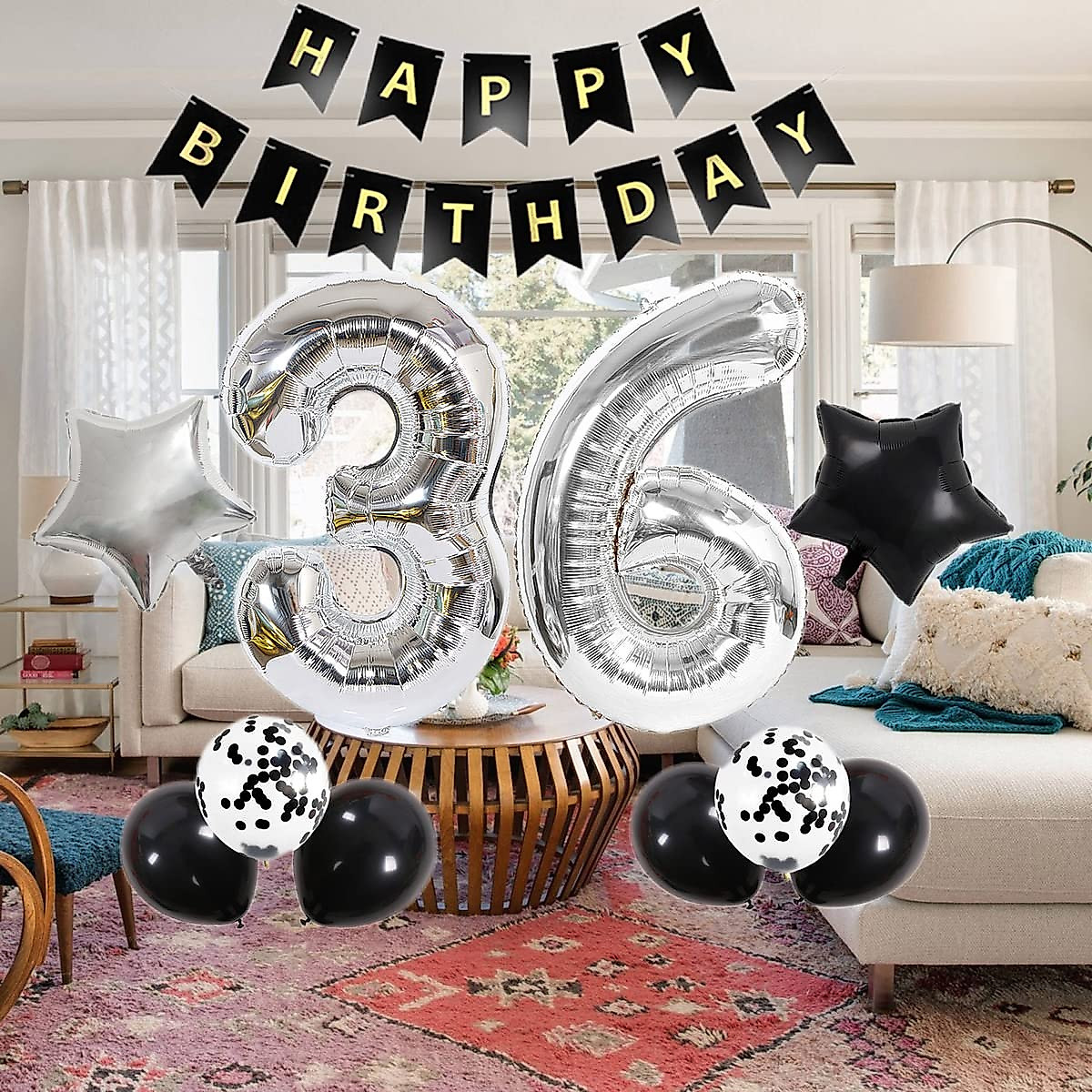 QWEQWE 36th Birthday Decoration Balloons, Birthday Decoration 36 Year Men Boy Silver Black, 36th Birthday Decoration Balloon 36th Birthday Party Decoration, 36th Birthday Happy Birthday Banner