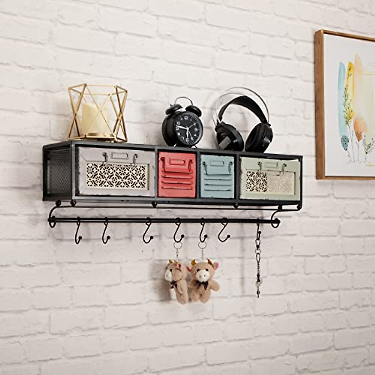 AcozyHom Metal Wall Mounted Coat Rack with Hooks and 4 Drawers, 30.3"(L) x6.7(W) x11.8(H), Home Entryway Wall Hanging Shelf, Iron Storage and Display Organizer for Coats, Hats, Keys, Cups, Colorful