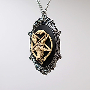 Antiqued Goat Head Satanic Baphomet Cameo Bone on Black In Silver Finish Frame Pendant Necklace