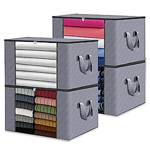 WOWZILLA Clothes Storage, 4 Pack-90L(24gal) Storage bags, Blanket storage, Foldable Totes for Storage, Clothes Organizers and Storage with Lids and Handle, Comforter Storage Bag, Clothes Storage Bins