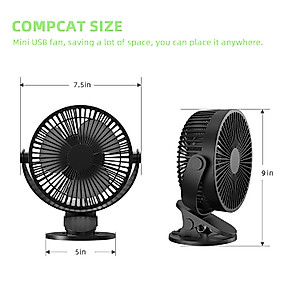 Ymumuda Desk Fan Clip on Fan, 3 Speeds Small USB Fan, 6.5 Inch Rechargeable Portable Fan, Strong Airflow & 360°Rotation Adjustable, Powered by USB, Sturdy Clamp for Office Desk - Black