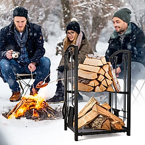 Delxo Fireplace Rack Indoor with 4 pcs Fireplace Tools Fire Pits Tools for Outdoor Log Holder Wood Stove Accessories Black Fireplace Log Rack Wrought Iron Logs Bin Holder for Fireplace Tool Set