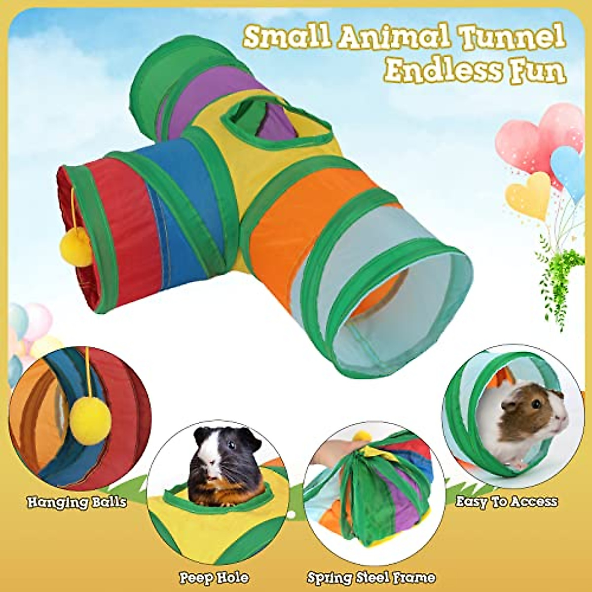 Rypet Guinea Pig Tunnel 3 Way Collapsible Small Pet Tunnels and Tubes with Interactive Ball for Baby Rabbit Ferret Hamster Chinchilla Hedgehog Hiding and Resting