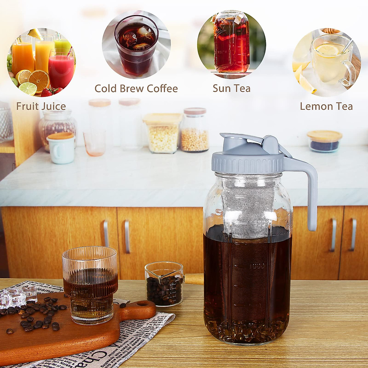 VA1KENE Cold Brew Coffee Maker 64oz - Iced Coffee Maker With Stainless Steel Filter, Mason Jar Pitcher With Lid and Spout (Grey)