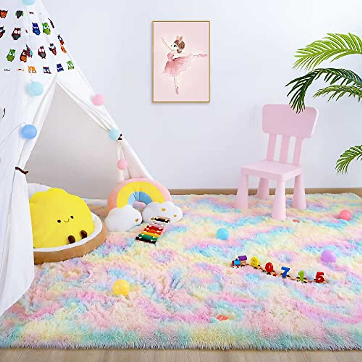 Noahas Fluffy Rainbow Rug for Girls Bedroom, 4 x 6 Feet Pink Rugs for Bedroom Girls,Kids Room Rug,Fuzzy Rainbow Carpet Bedroom Rug,Playroom Shag Rug,Nursery Rugs for Baby,Room Decor for Teen Girls