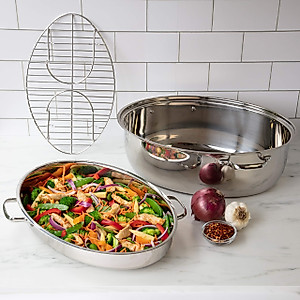 3 In 1 Multi Roaster w Lid- 18/10 Professional Grade Tri-Ply Stainless Steel- 11qt Poultry Roasting Pan w Rack, Stock Pot, & Sautee Cookware- Induction Capable w Stick Resistant Interior