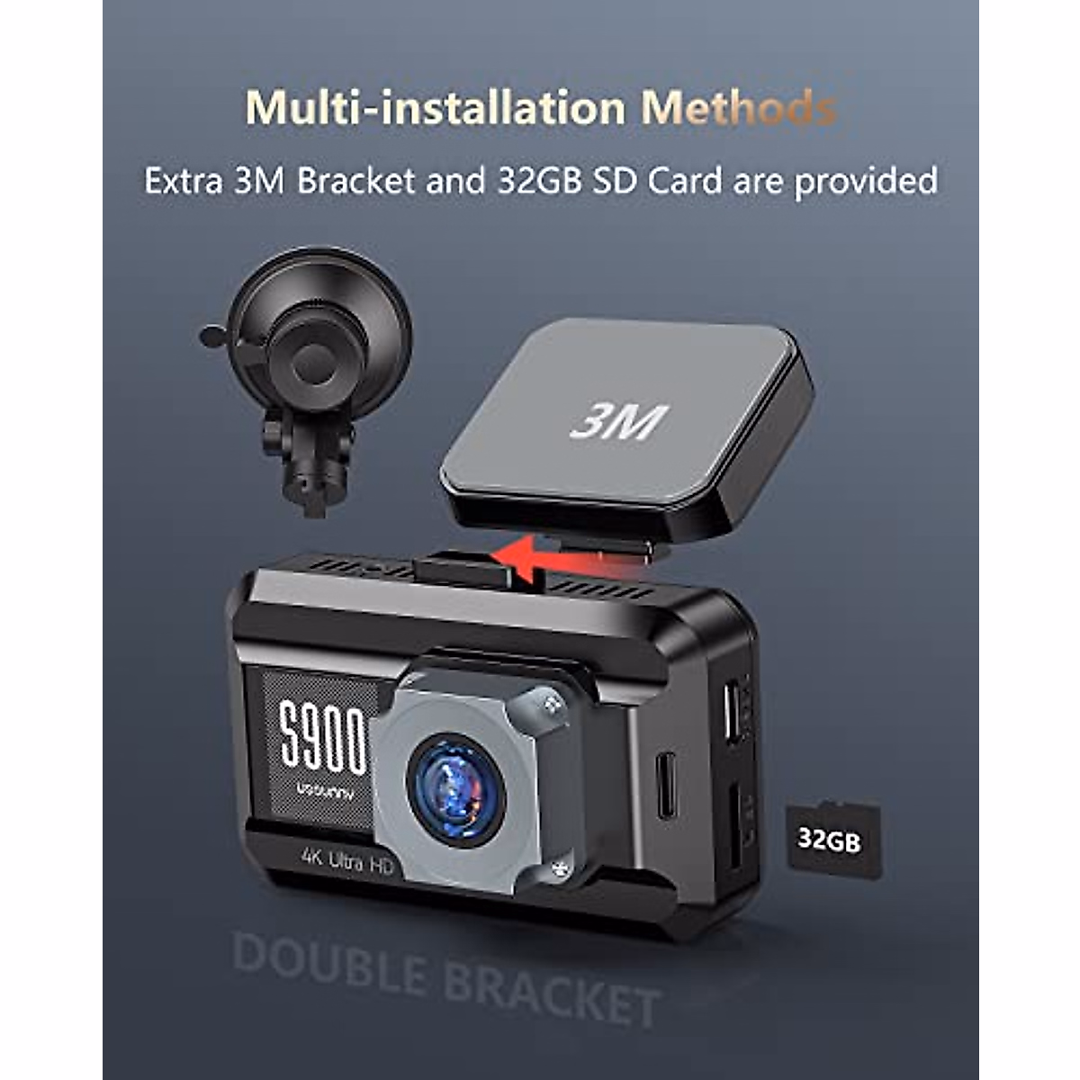 Dash Cam Front 4K and Rear 1080P Ussunny Dual Dash Camera for Cars with 3-inch Touchscreen, WDR, Night Vision, GPS, 170°Wide Angle Dashboard Camera Recorder, Support 256GB Max