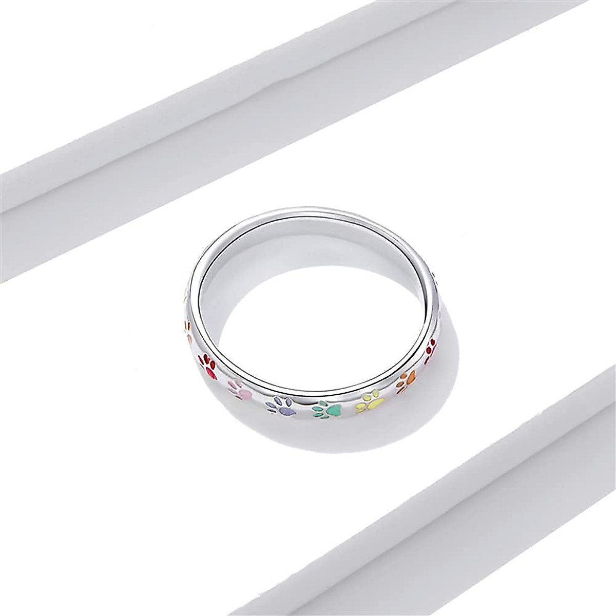 BISAER S925 Sterling Silver Puppy Dog Cat Paw Ring, Multicolor Pet Print Enamel Ring for Women 3-3.4mm