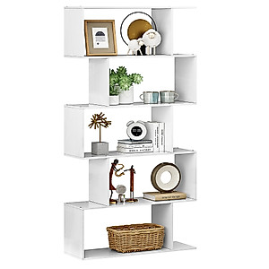 Function Home 5-Tier Geometric Bookcase, Freestanding S Shaped Bookshelf, Modern Multifunctional Display Shelves, White Book Shelf for Bedroom Living Room