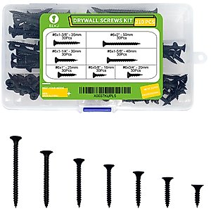 ECKJ Drywall Screws Kit #6 Coarse Thread Sharp Point Self Tapping Screws with Phillips Drive Flat Head, Black Bugle Head Machine Screws Assortment Set for Drywall Sheetrock, Wood, Furniture - 210PCS
