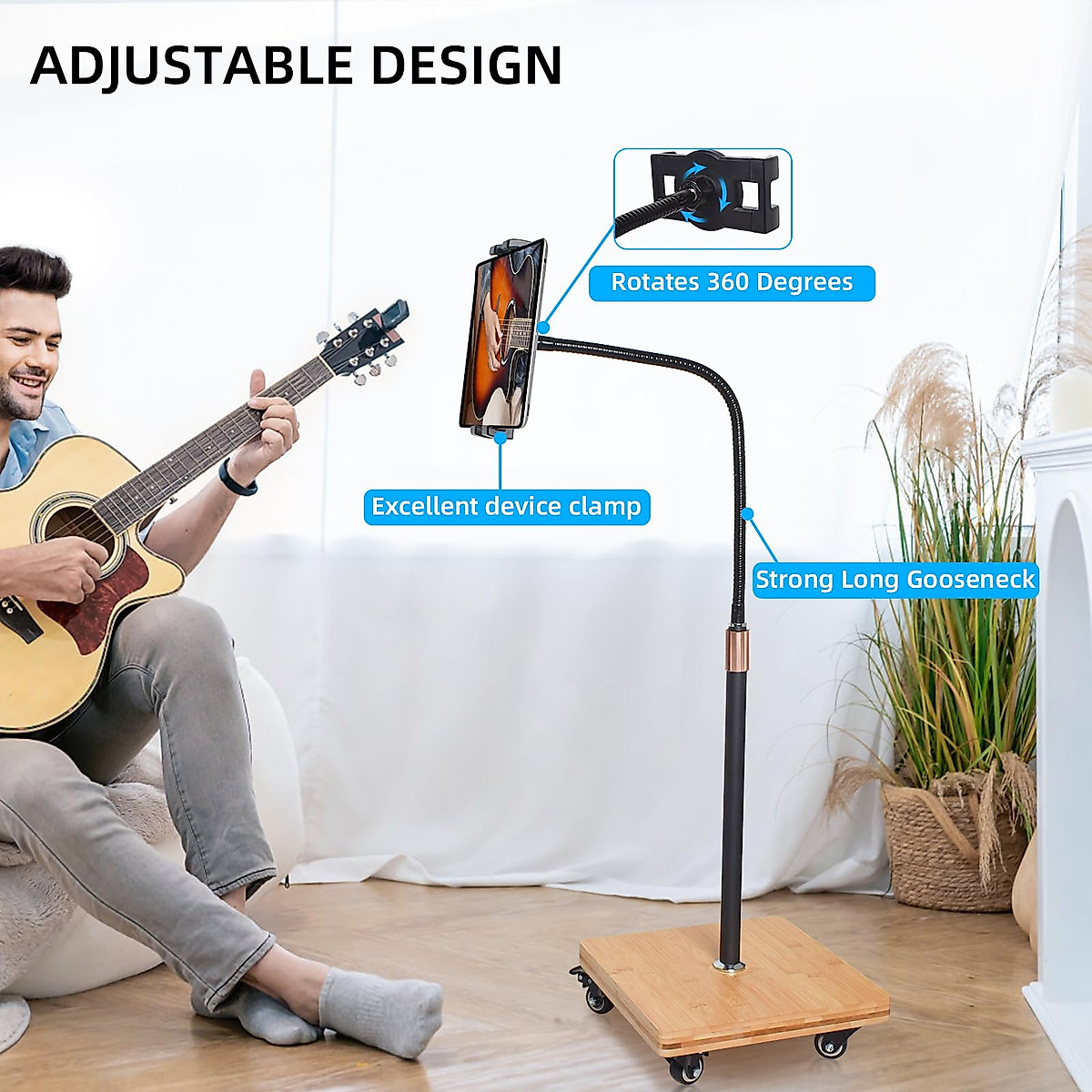 Crocqett Ipad Stand Floor with Wheels,Adjustable Height Tablet Floor Stand for Bed,Gooseneck Tablet Holder with Bamboo Base,Compatible with Kindle,Ipad pro Mini 12.9/6,Phones (4.7''-13'')