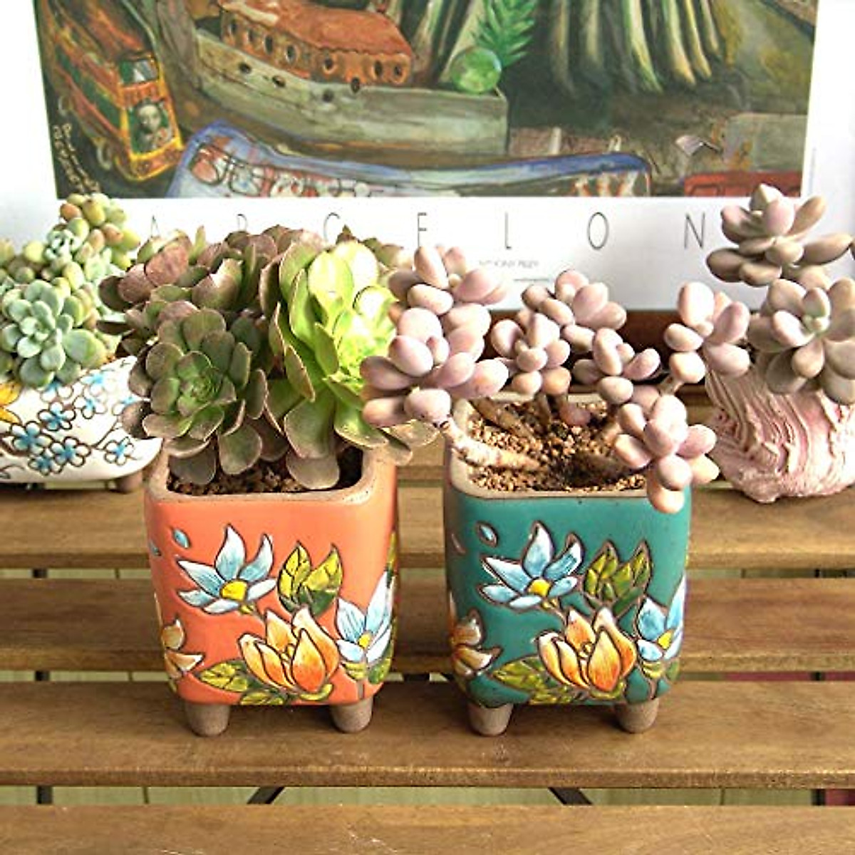 Summer Impressions 4.88 Inch Tall Hand Painted Square Succulent Planter Cactus Planter Pot Bonsai Pot Clay Pot Flower Pot Floral Design Indoor Outdoor Pack of 2 (Tall Square Orange and Green)