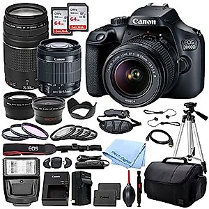 Canon EOS 3000D (Rebel T100) DSLR Camera with EF-S 18-55mm DC III & 75-300mm Lenses Deluxe Accessory Bundle – Includes: 2X SanDisk Ultra 64GB Memory Card, Spare Battery, Black (Renewed)