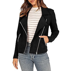 PRETTYGARDEN Women's Winter Faux Suede Moto Jacket Long Sleeve Zipper Pockets Short Coat Y2K Fashion Casual Outerwear (Black,Medium)