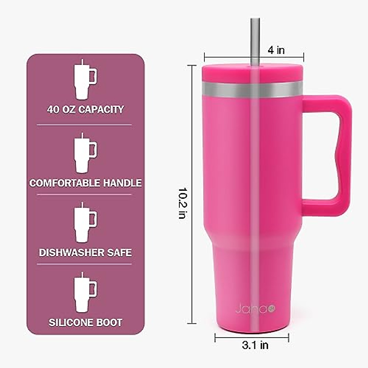 Jahao 40 oz Hot Pink Tumbler with Handle and Straw - Insulated Tumblers with Lid and Straw, Stainless Steel Water Bottle Insulated Cup Travel Coffee Mug Spill Proof Leak Proof Outdoor Sports(1 Pack)