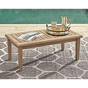 Signature Design by Ashley Gerianne Outdoor Rectangular Eucalyptus Wood Slat Top Coffee Table, Beige