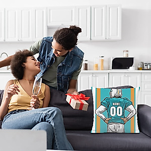 Onemiliayears Football Team Custom Pillowcass - 18 in 18 in Name & Number Customized Football Style Pillow for Brithday Gift, Super Soft Football Sports Custom Made Pillow Cover for Men （Miami Blue）