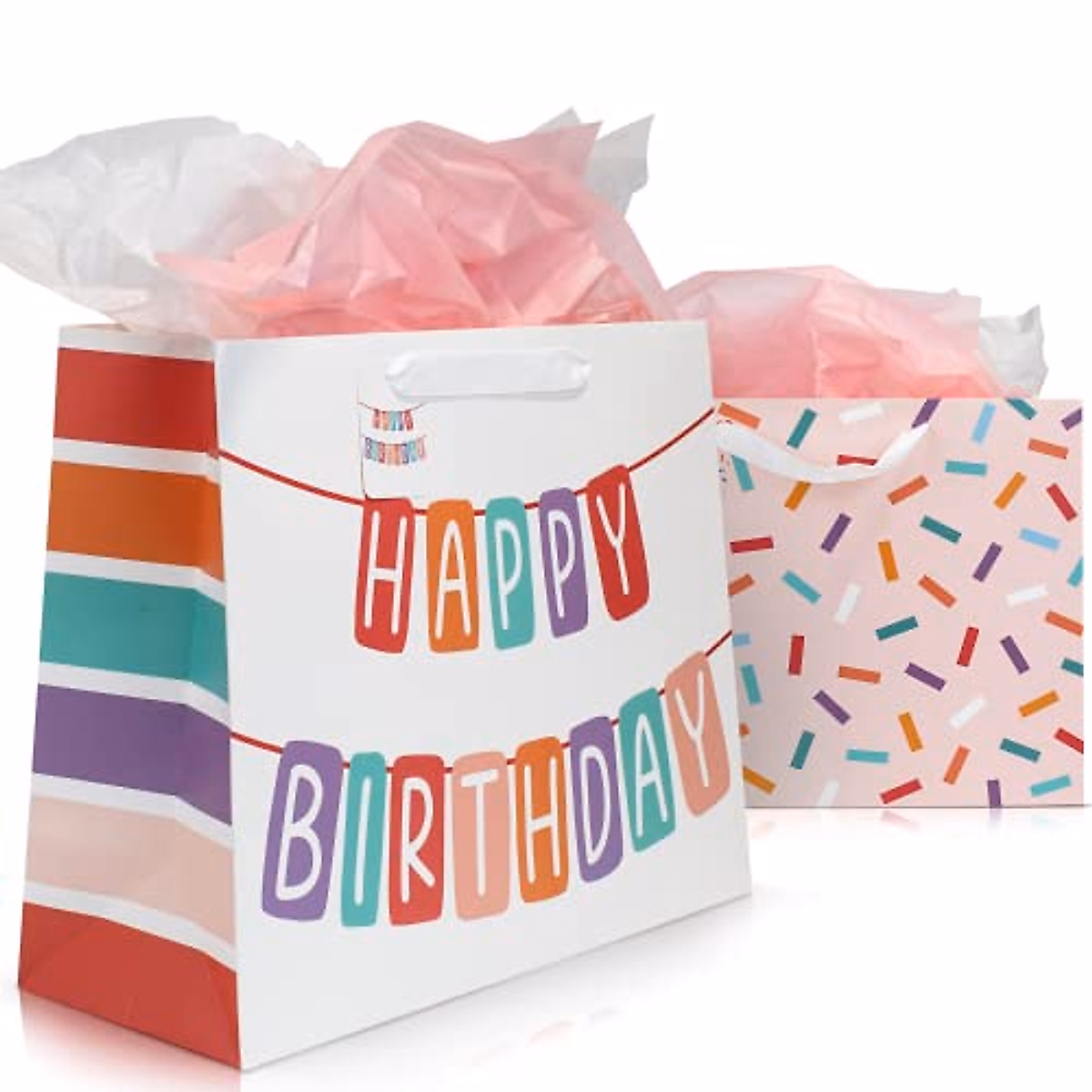 Beautiful Birthday Gift Bags Set of 2 - Large 16" Bags with Handles incl. Matching Tissue Paper, Cards & Stickers - Reusable and Perfect For Presents of Any Girls/Boys Kids Party & Special Occasion