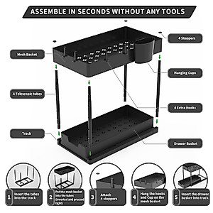 LPONJAR Adjustable Height Under Sink Organizers and Storage Bathroom Kitchen with 8 Hooks and 2 Hanging Cup, 2 Black