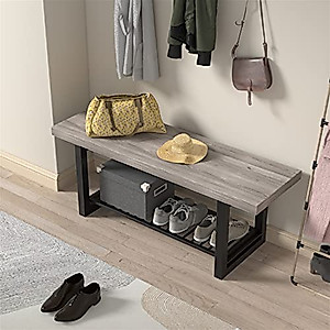 Stuffygreenus 47" Storage Bench, Industrial Indoor Entryway Bench, Wood Metal Hallway Accent Bench for Sitting, Rustic Shoe Rack Organizer Cabinet in Foyer Entrance Bedroom Living Room (Grey)