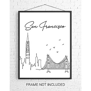 San Francisco City Skyline CityScape Wall Art - 11x14 UNFRAMED, Minimalist Line Art Black & White Decor Prints. A Perfect Gift for Anyone Who’s Ever ‘Left Their Heart in San Francisco”!