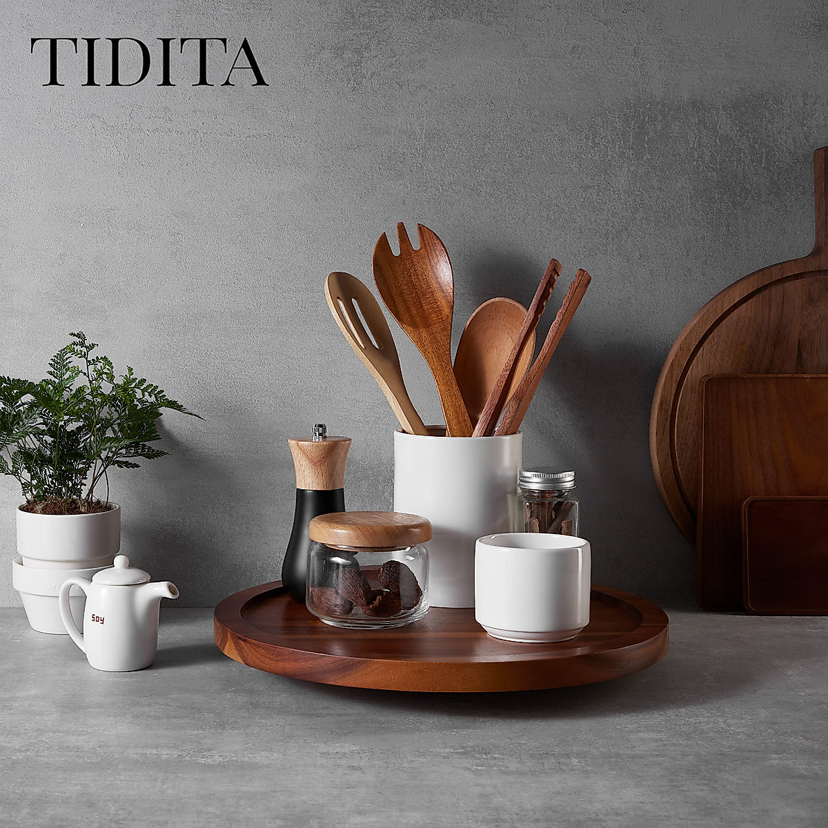 TIDITA 13" Acacia Lazy Susan Organizer for Table - Wooden Lazy Susan Organizer for Cabinet - Kitchen Turntable Storage Food Bins Container for Pantry, Counter top (Acacia Wood )