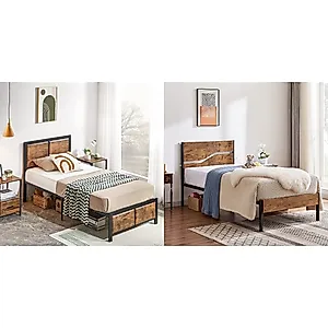 VECELO Twin Platform Bed Frame & Platform Bed Frame/Mattress Foundation Twin Size with Rustic Vintage Wood Headboard, Strong Metal Slats Support, No Box Spring Needed