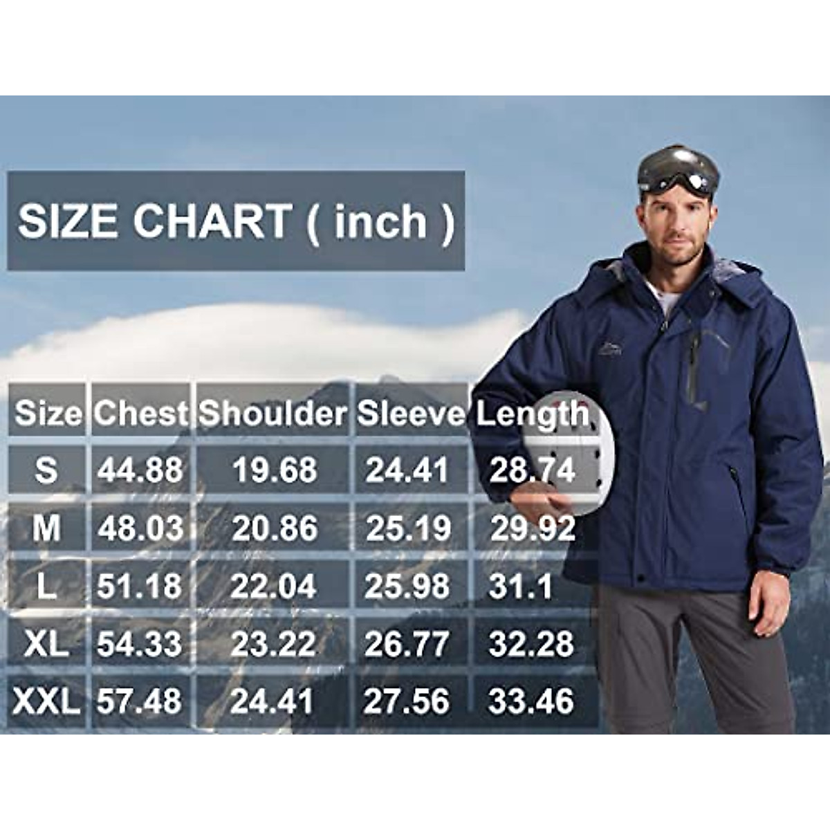 ELLSWOS Men's Waterproof Ski Jacket Winter Snow Coat Warm Hooded Raincoat Windproof Windbreakers, Blue, X-Large